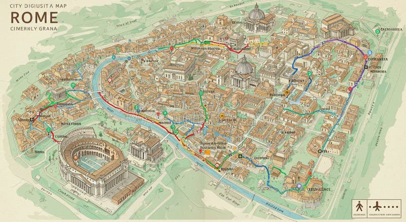 Map of Rome Showcasing Key Landmarks and Routes. Notable Features ...