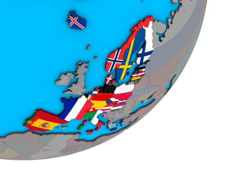 Map of Schengen Area Members with Flags on Globe Stock Illustration ...