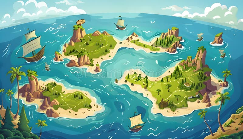 Map with sea and island stock illustration. Illustration of tree ...