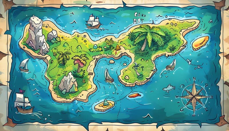 Map with sea and island stock illustration. Illustration of design ...