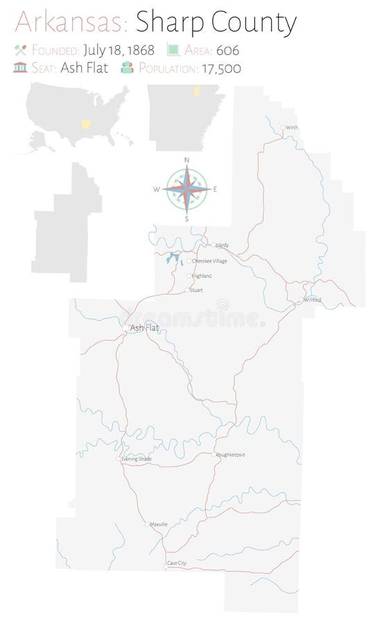 Map of Sharp County in Arkansas Stock Vector - Illustration of lakes ...