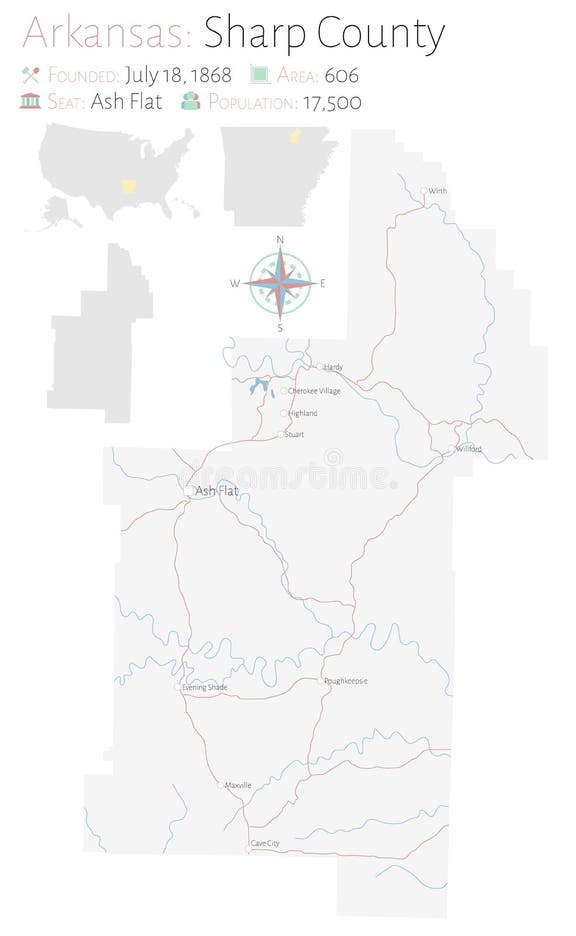 Map of Sharp County in Arkansas Stock Vector - Illustration of lakes ...