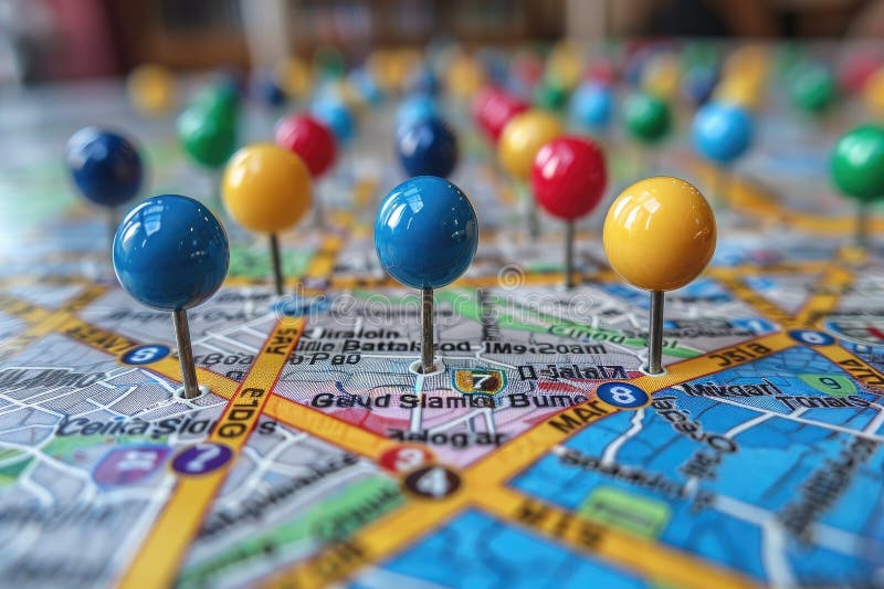 Colorful Push Pins on a City Map: Planning a Trip or Route Stock ...