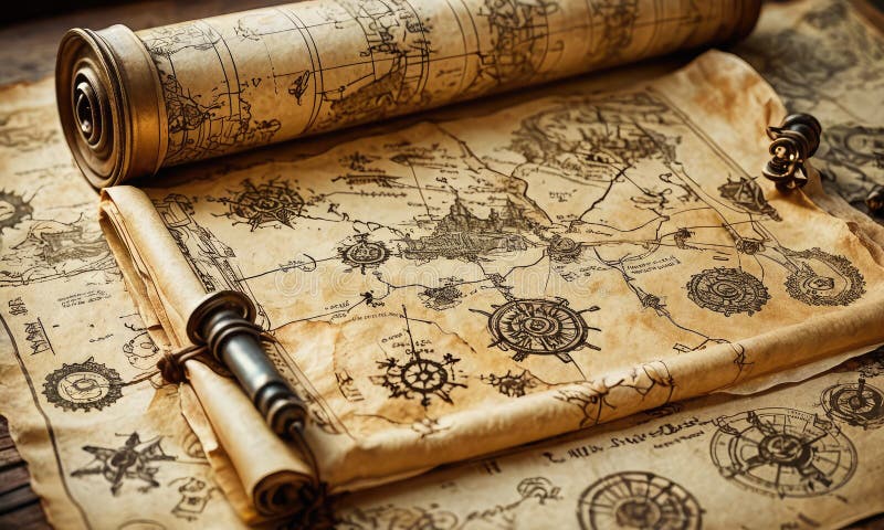 A Map is Shown with a Compass on it, and a Scroll is Also Present on ...