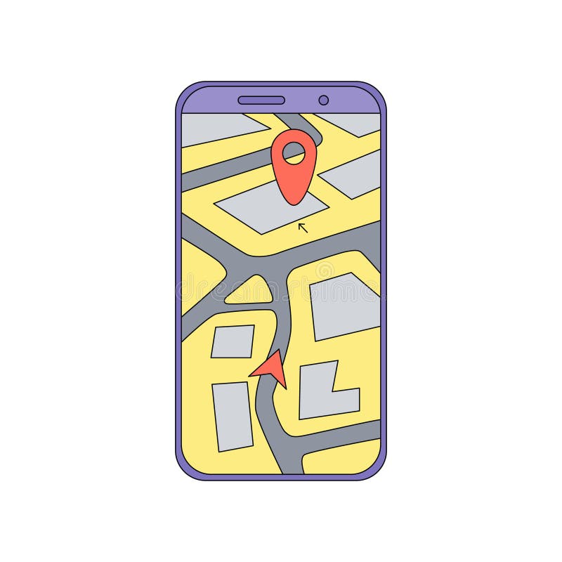 A Map on a Smartphone in Cartoon Style. Vector Illustration Isolated on ...