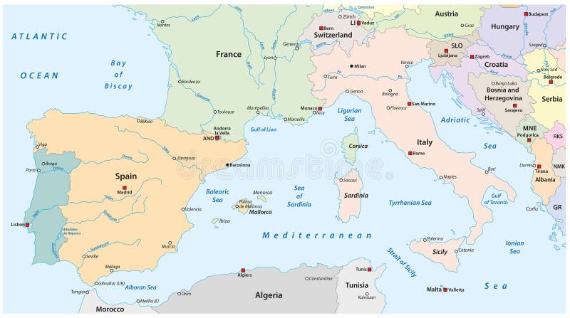 Map of South Europe with the Most Important Cities and Rivers Stock ...