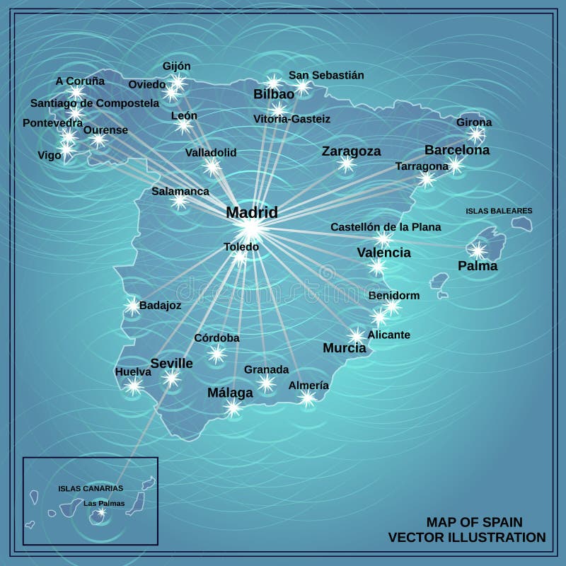 Map of Spain. Bright Illustration with Map. Spain Map in Blue Colors ...