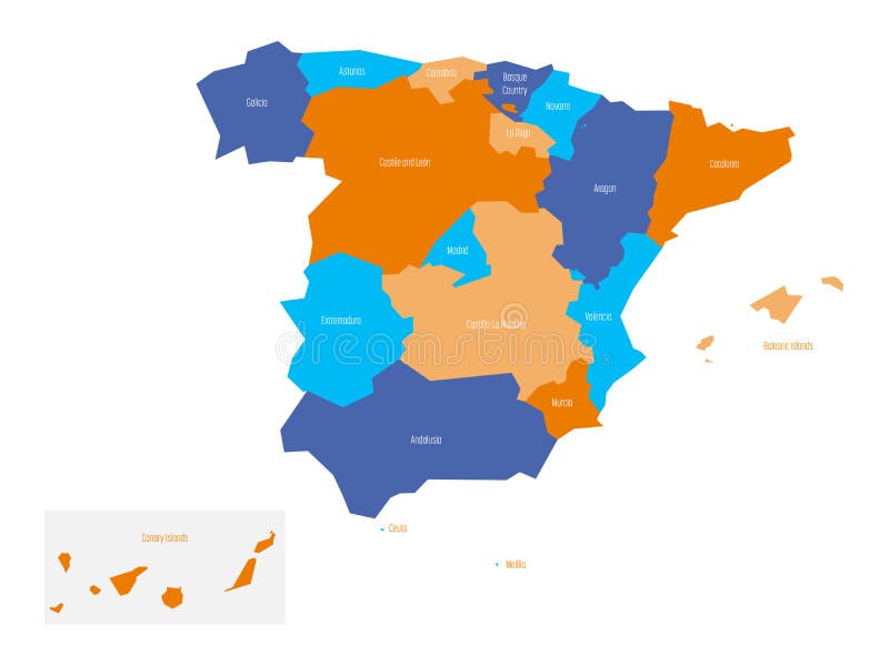 Map of Spain Devided To Administrative Autonomous Communities. Simple ...