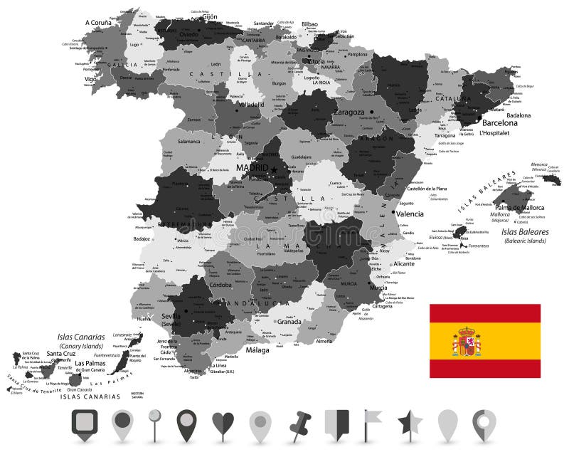 Map of Spain and Flat Map Icons Stock Vector - Illustration of color ...