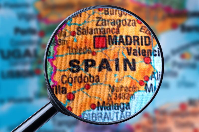 Map of SPAIN through Magnifying Glass. Stock Image - Image of travel ...