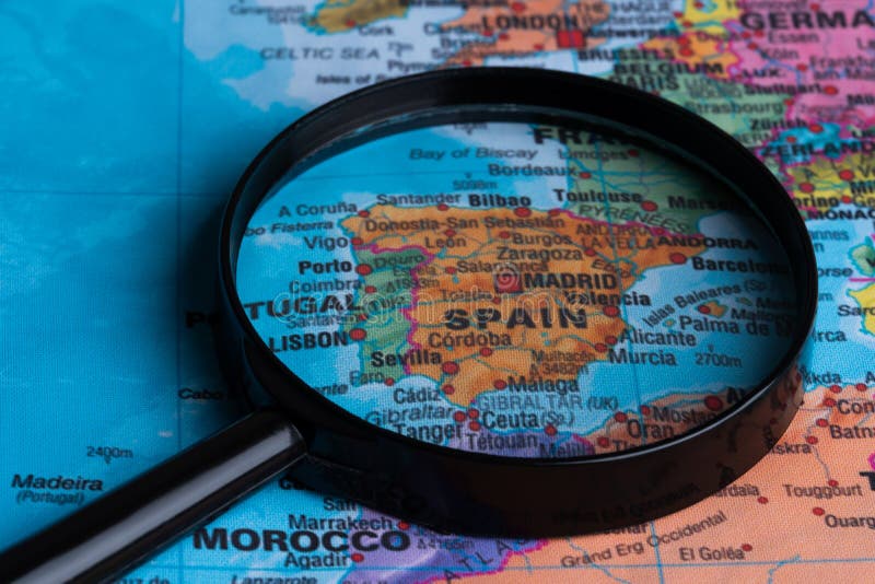 Map of Spain through Magnifying Glass.Close-up. Stock Image - Image of ...