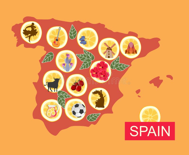 Map of Spain with Various National Symbols on Pieces of Lemon Stock ...