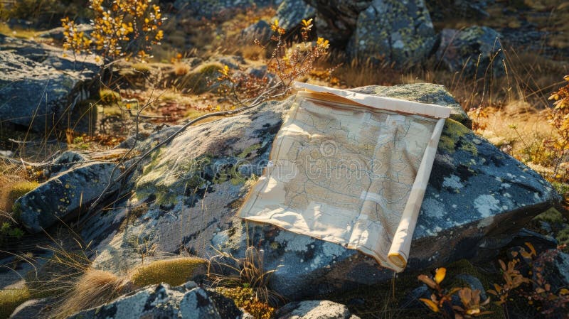 A Map is Spread Out on a Campsite Its Corners Weighed Down by Rocks ...