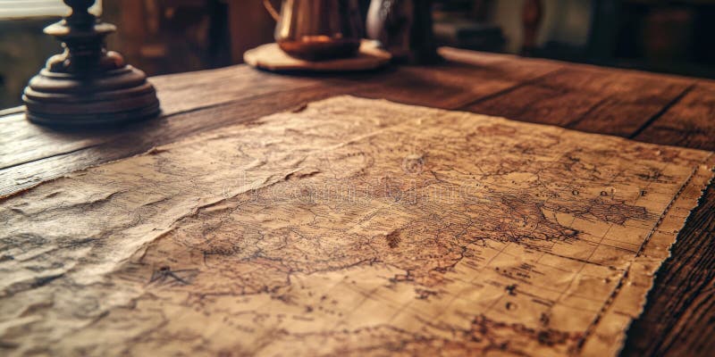 A Map Spread Out on a Wooden Table with a Candle Providing Light ...