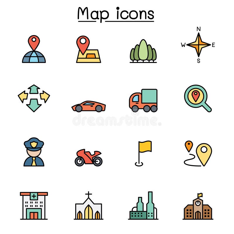 Map and Symbol Color Line Icon Set Stock Vector - Illustration of ...