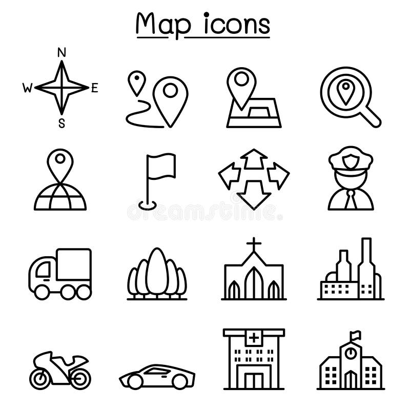Map & Symbol Icon Set in Thin Line Style Stock Illustration ...