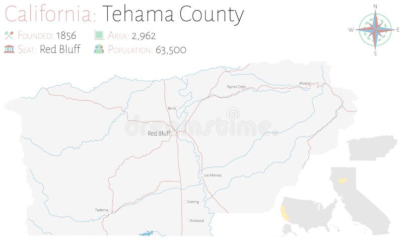 Map of Tehama County in California Stock Vector - Illustration of lakes ...