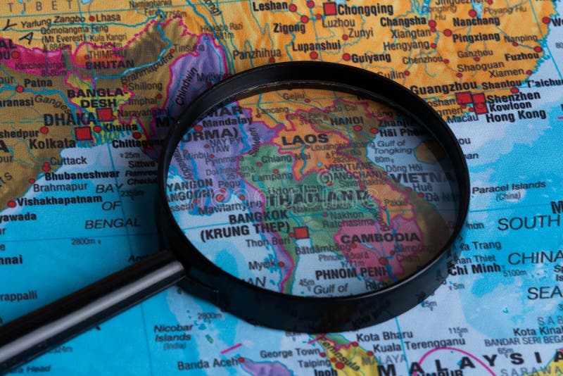 Map of Thailand through Magnifying Glass.Close-up. Stock Image - Image ...