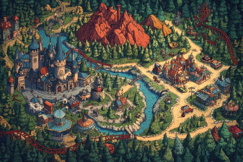 A Map of a Theme Park, Hand-drawn in a Cartoon Style, Highlighting ...