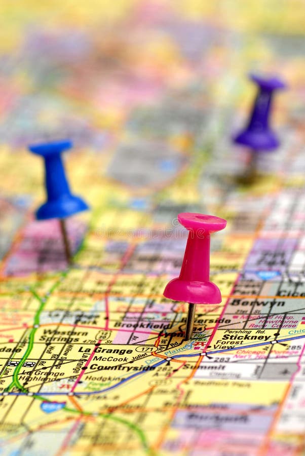 Thumb Tacks on a Map stock photo. Image of marked, close - 16070758