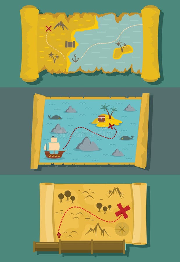 Map of Treasure Banner Horizontal Set, Flat Style Stock Illustration ...
