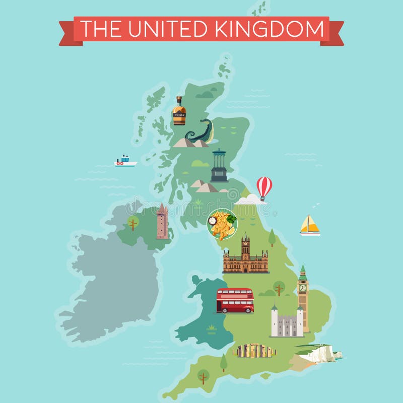 Map of United Kingdom with Famous Landmarks Stock Vector - Illustration ...