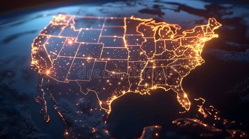 A Map of the United States with a Glowing Outline Stock Illustration ...