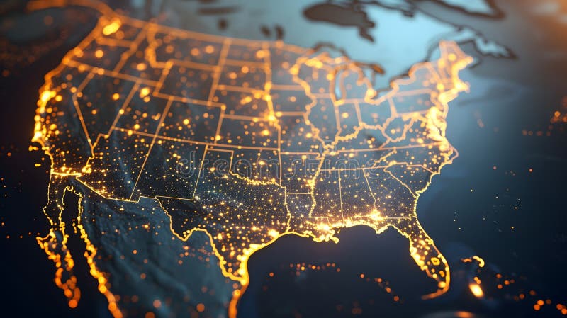 A Map of the United States with a Glowing Outline Stock Illustration ...
