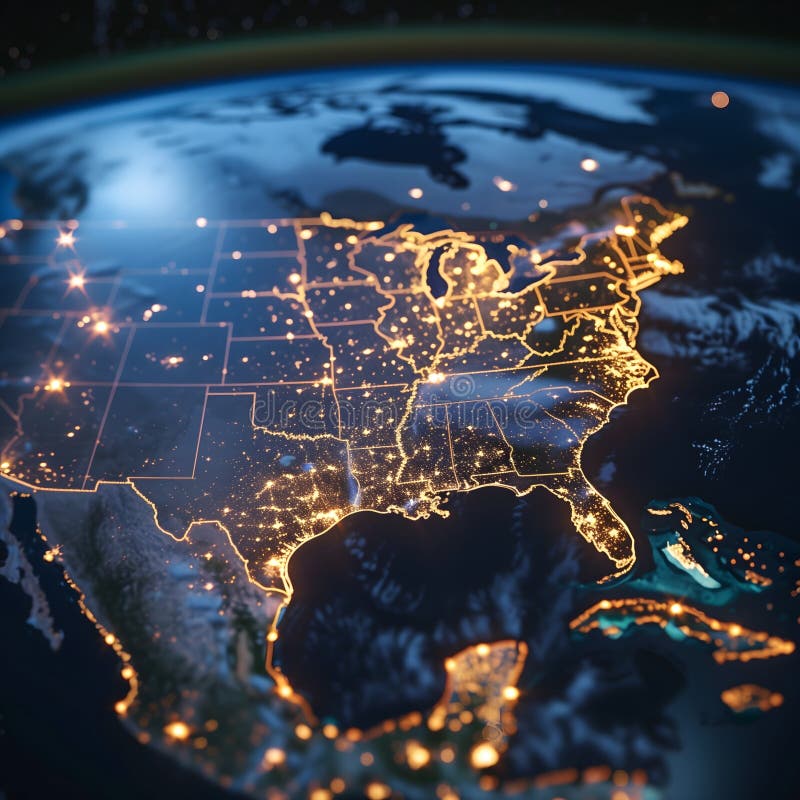 A Map of the United States with a Glowing Outline Stock Illustration ...