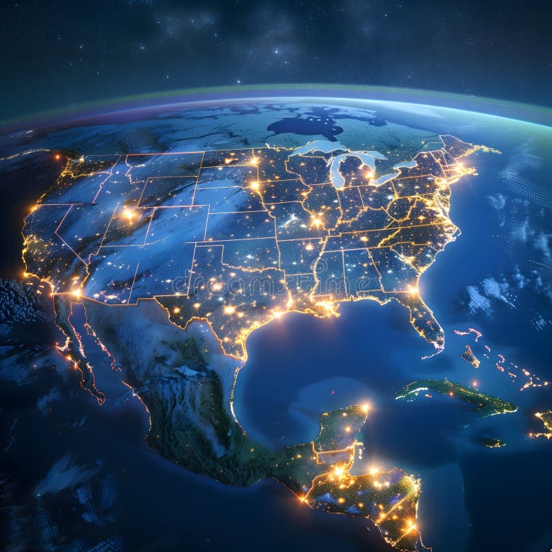 A Map of the United States with a Glowing Outline Stock Illustration ...