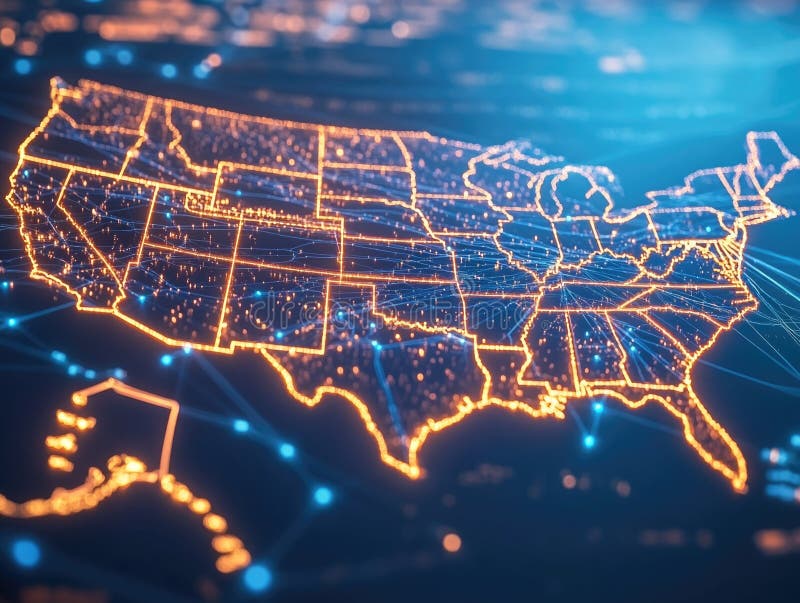 Map of the United States is Lit Up in Orange and Blue Stock Image ...