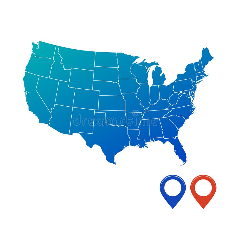 Map of USA in Blue Color with Map Pins. Vector Illustration Isolated on ...