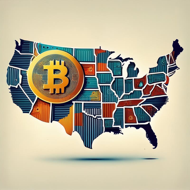 Map of the USA Highlighting States with a Digital Bitcoin Symbol in ...