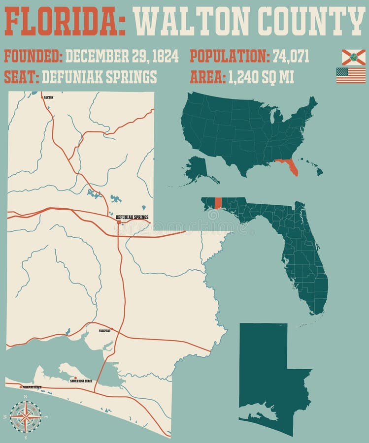 Map of Walton County in Florida Stock Vector - Illustration of springs ...
