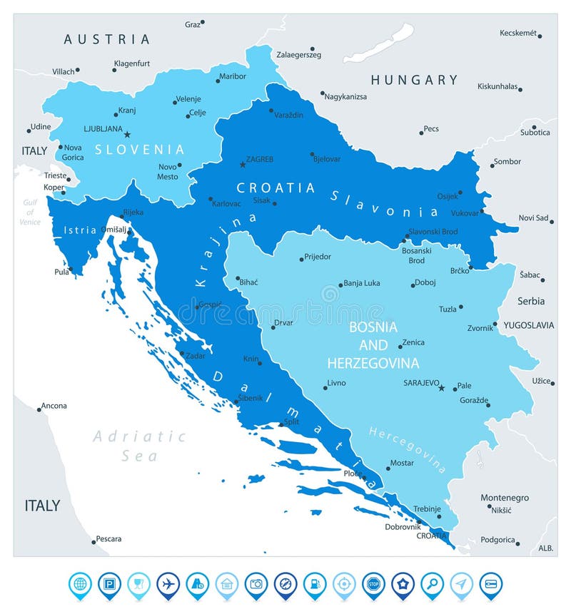 Map of the Western Balkans in Colors of Blue and Map Pointers Stock ...