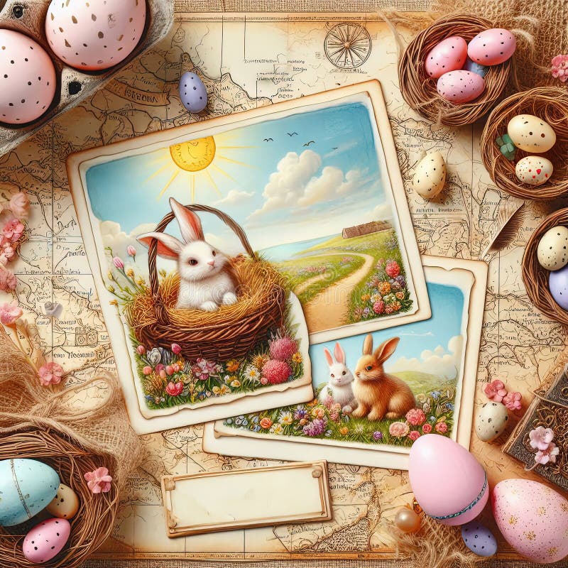 A Map on Which There are Postcards with Images of Hares and Eggs Stock ...