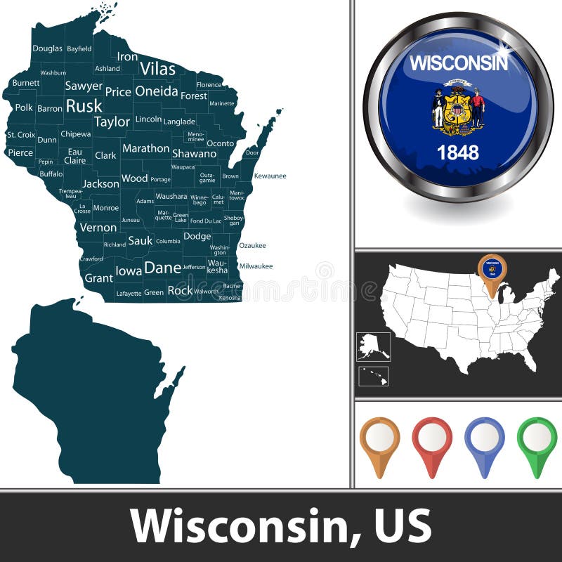 Map of Wisconsin, US stock vector. Illustration of flag - 210397502