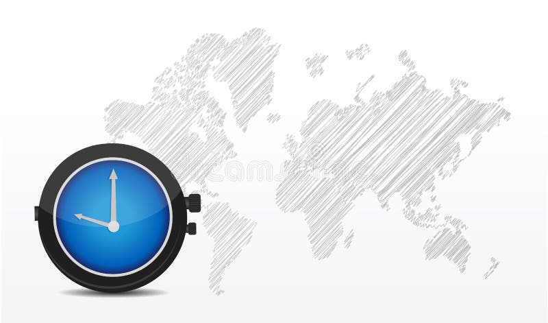 Map of the World and Big Watch Stock Illustration - Illustration of ...