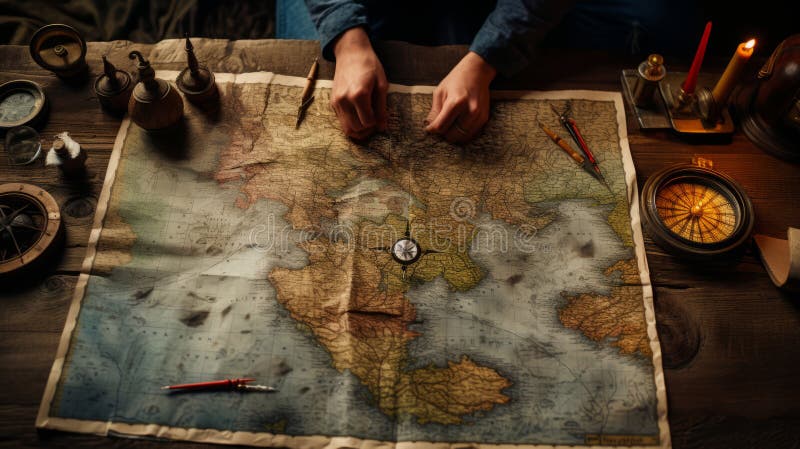 Map of the World and Compass on a Wooden Table with Hands Stock ...