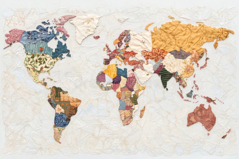 Patchwork Textile World Map Showcasing Diverse Cultures and Regions ...