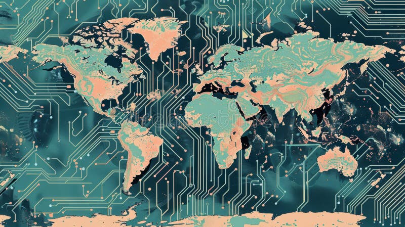 Map of the World with Digital Elements, Such As Circuit Board Lines ...