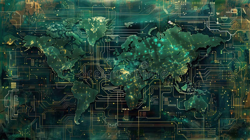 Map of the World with Digital Elements, Such As Circuit Board Lines ...