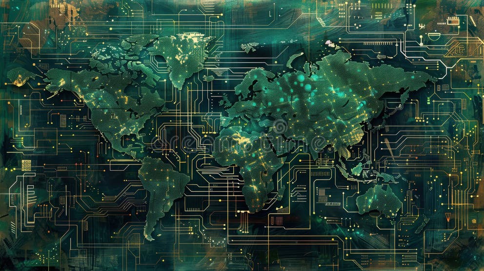Map of the World with Digital Elements, Such As Circuit Board Lines ...