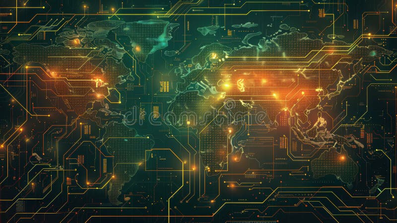 Map of the World with Digital Elements, Such As Circuit Board Lines ...