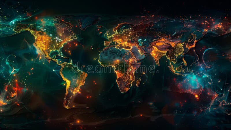 A Map of the World is Displayed with Vibrant Lights Shining in Various ...