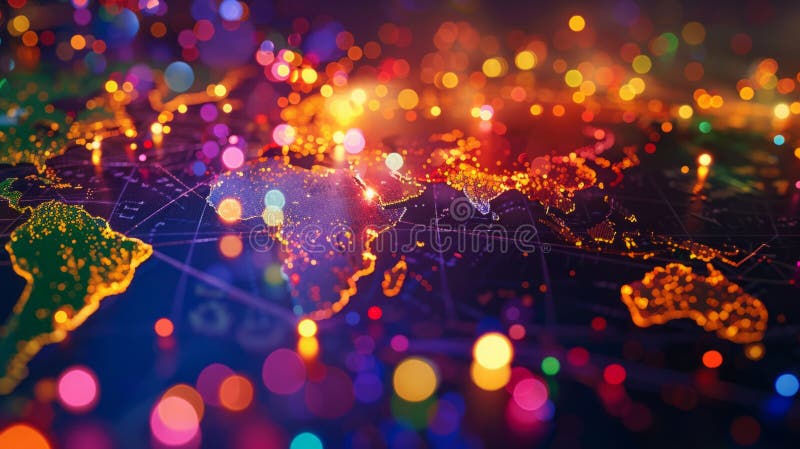 World Map Illuminated by Colorful Lights Stock Photo - Image of display ...