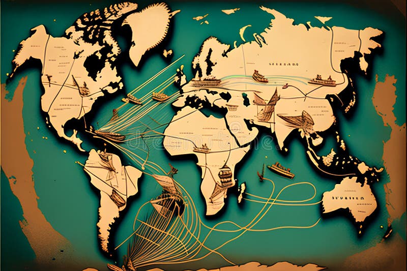 Map of the World with Fishing Boats and Fishing Nets on it. Stock ...