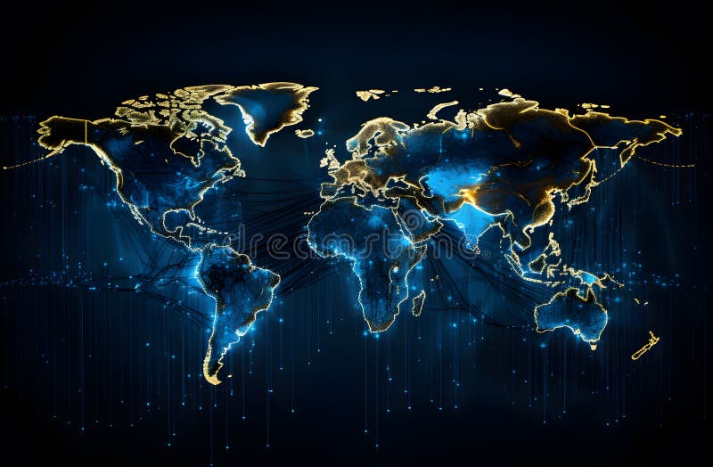 Map of the World, Glowing Lines on a Dark Blue Background. Stock ...
