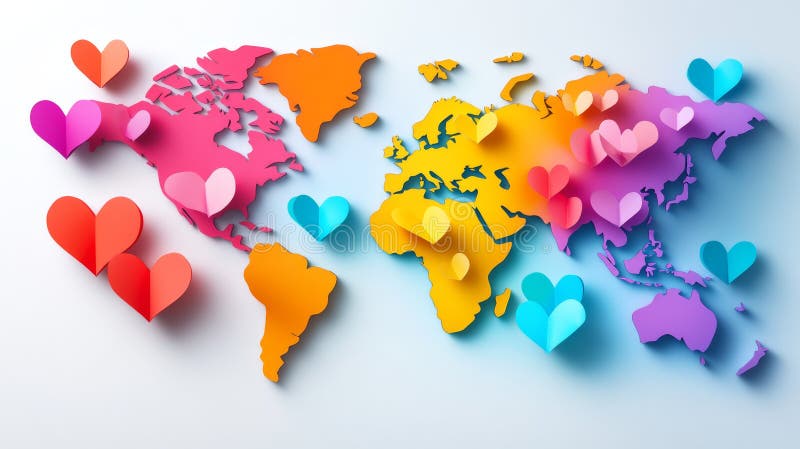 Map of the World with Heart Shapes on White Background Stock Image ...