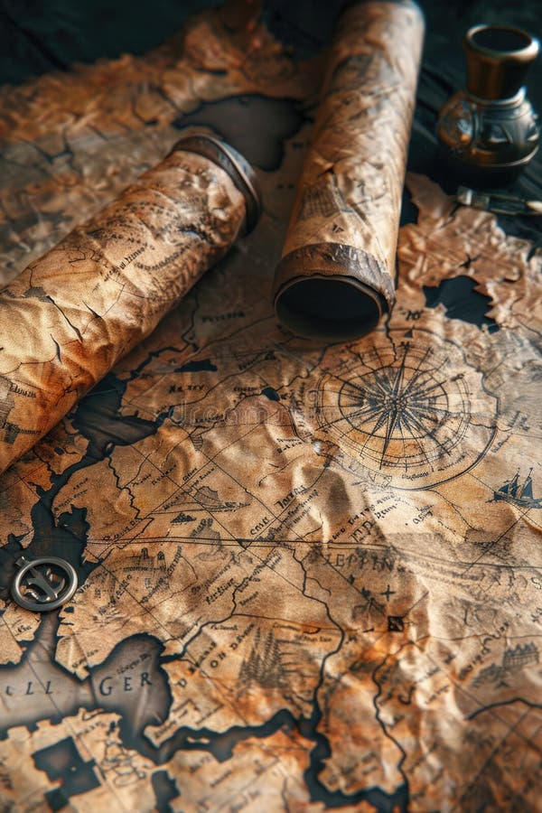Map of World is Laid Out on Table with Compass and Candle Stock Image ...